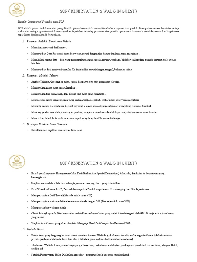 Proses SOP (Reservation, Cin-Cout) | PDF