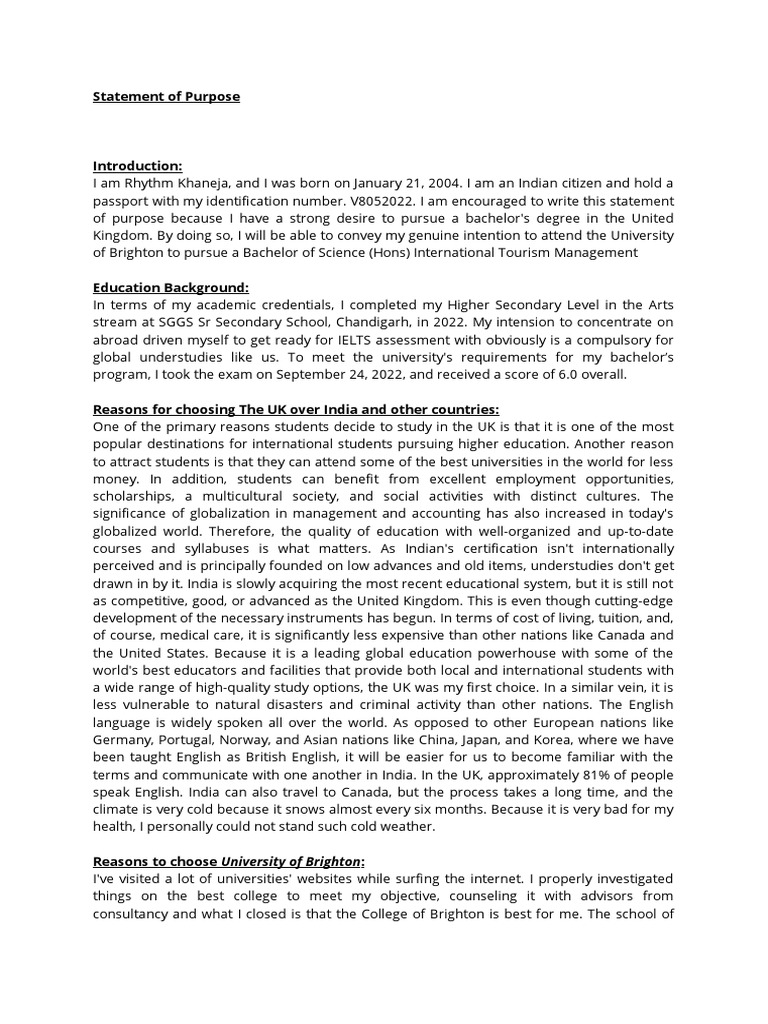 Statement - of - Purpose Tourism | PDF | Cost Of Living | International ...