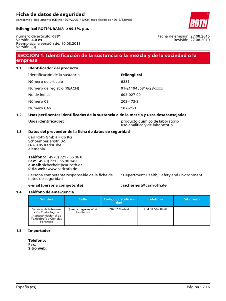 Ficha de Datos de Seguridad - Etilenglicol | PDF