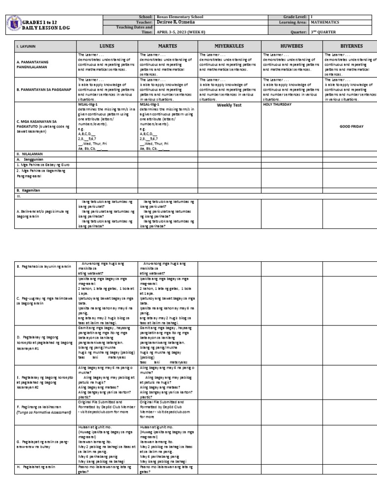 DLL Mathematics 1 q3 w8 | PDF | Learning | Psychological Concepts