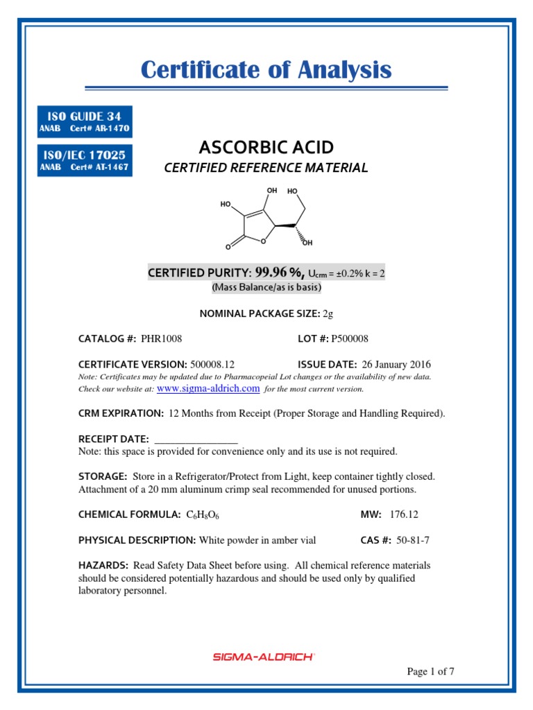 Ascorbic Acid COA | PDF | Spectrophotometry | Analysis Of Variance