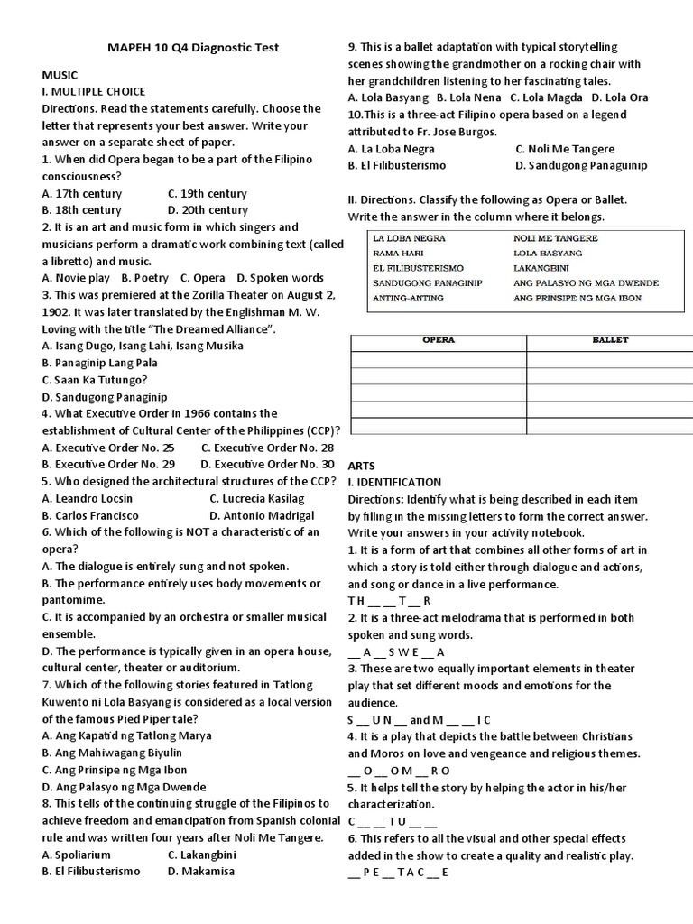 MAPEH 10 Q4 Diagnostic Test | PDF