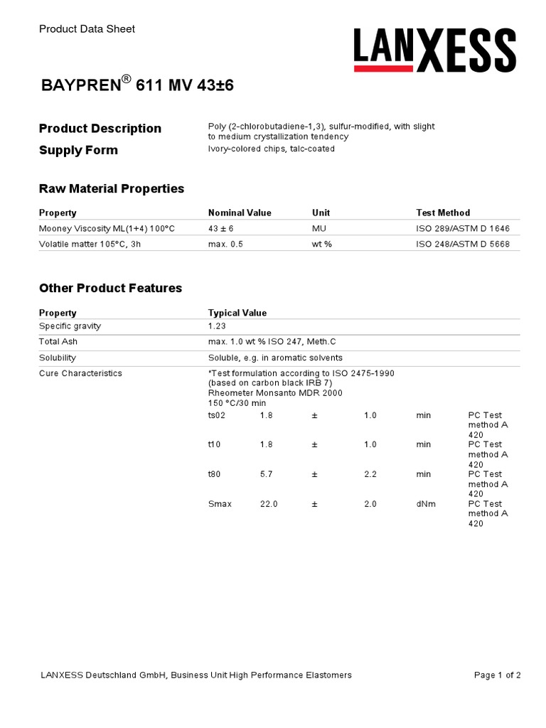 Baypren 611 Mooney Viscosity 43+-6 9 | PDF