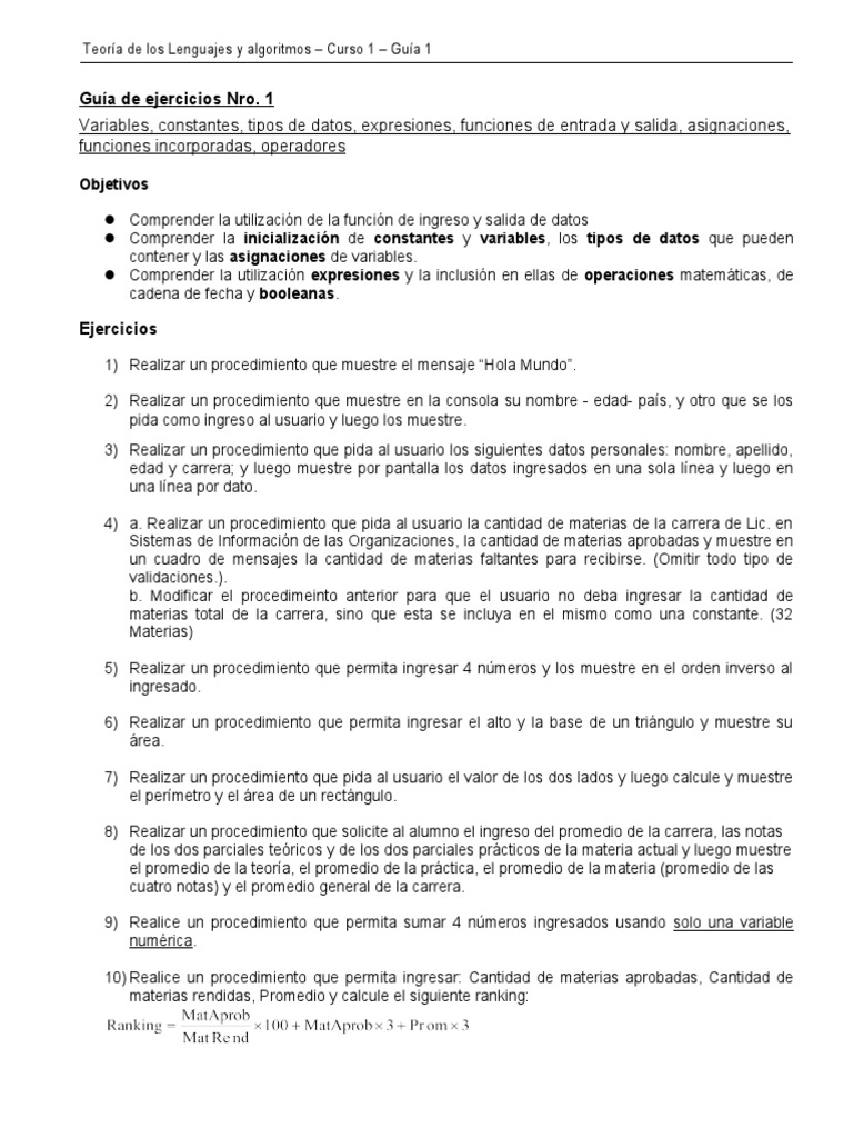 Introducción a variables, tipos de datos, expresiones y funciones en algoritmos | PDF ...