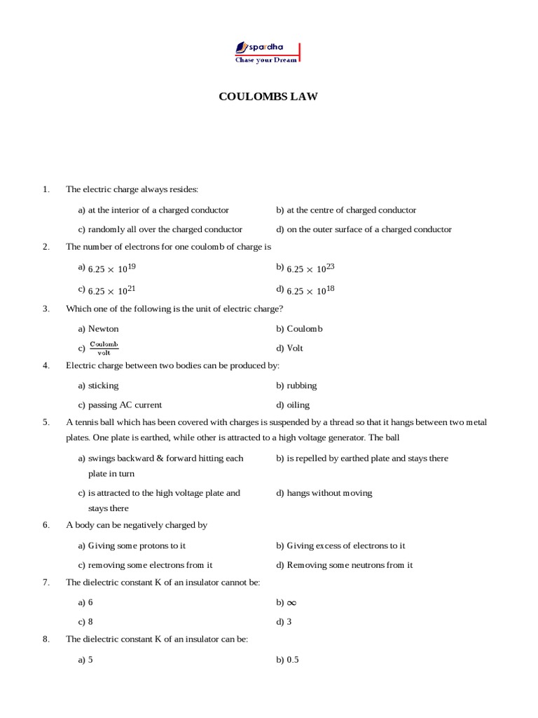 COULOMBS LAW (+2) Assignment | PDF | Electric Charge | Atoms