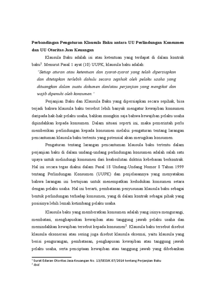 Perbandingan Klausula Baku UUPK dan UU OJK | PDF