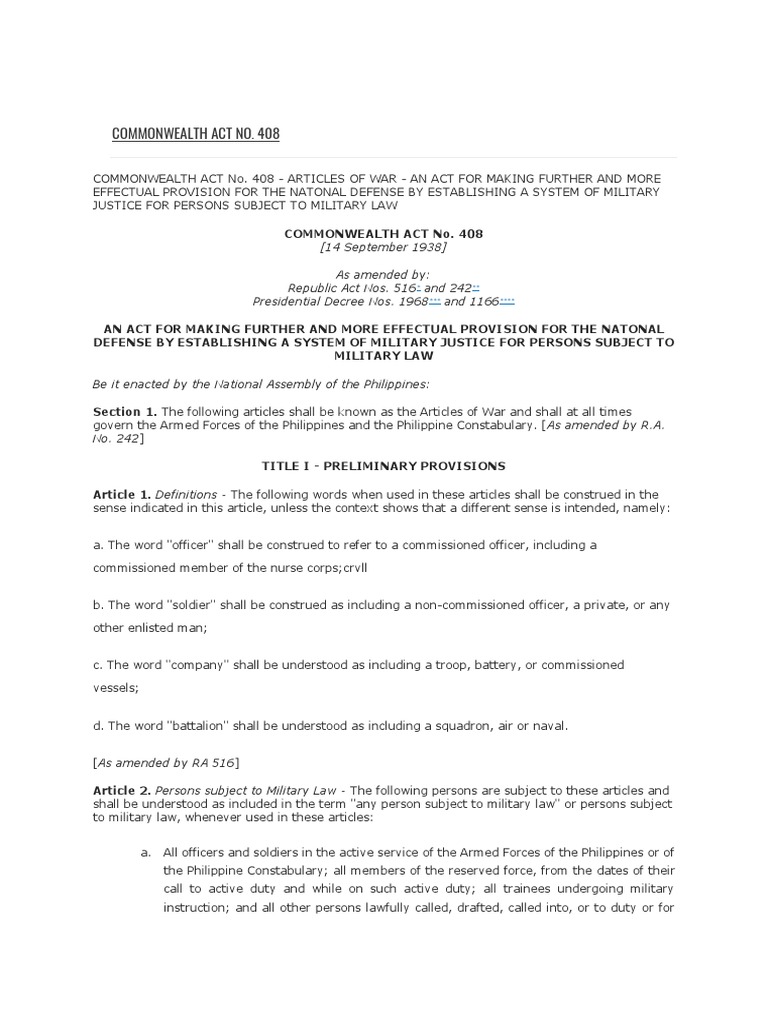 Commonwealth Act No. 408 | PDF | Court Martial | Military Justice