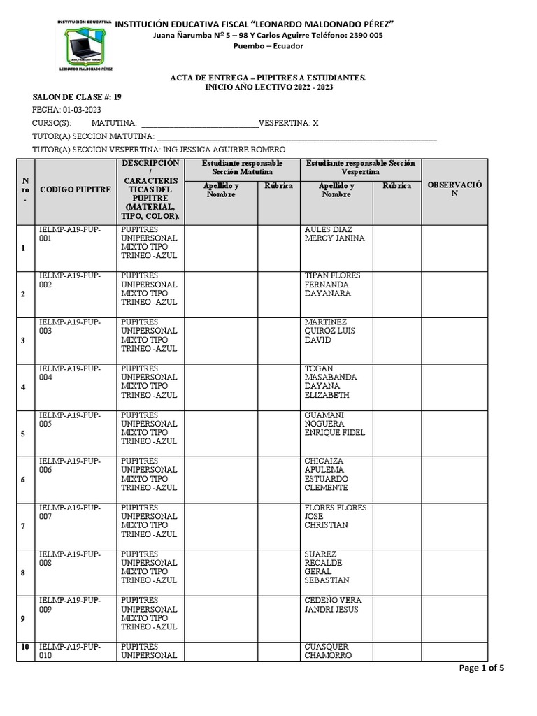 CLMP - Acta Entrega Pupitres 2022-2023 | PDF