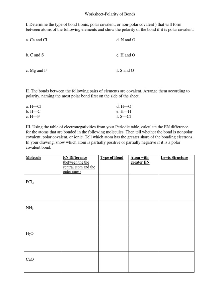 Worksheet-Polarity of Bonds | PDF