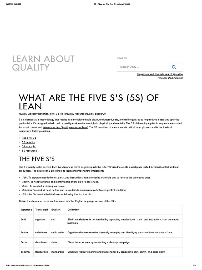 Learn About Quality: What Are The Five S'S (5S) of Lean | PDF | Lean ...