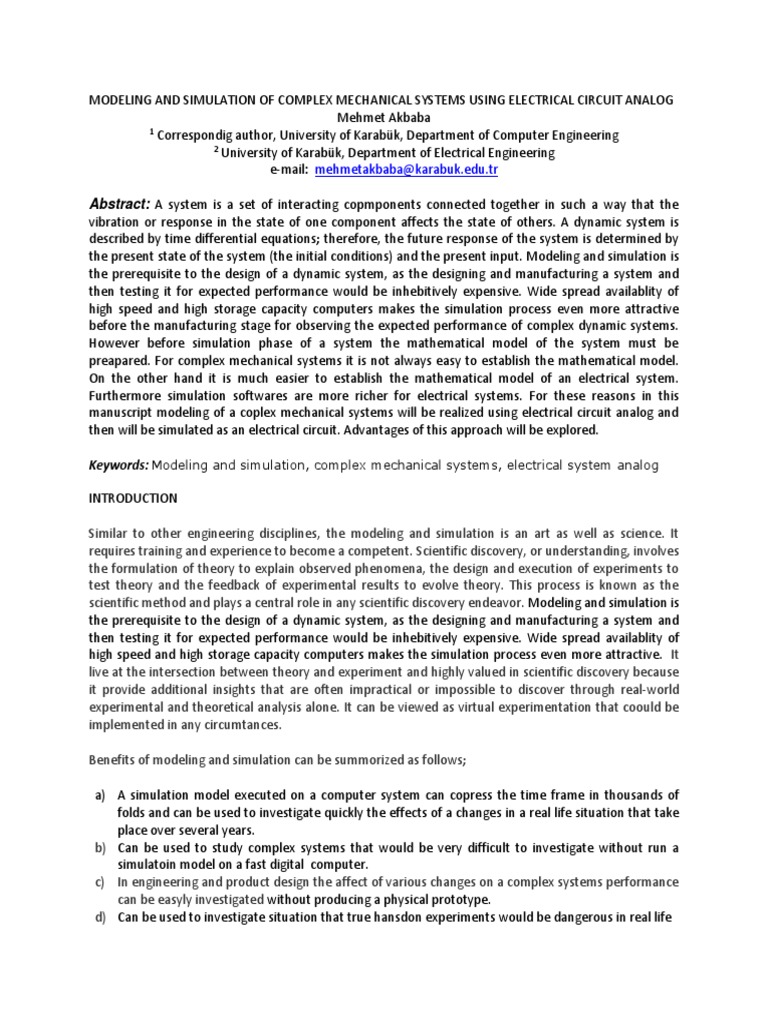 Modeling and Simulation of Complex Mechanical Systems Using Electrical Circuit Analog | PDF ...