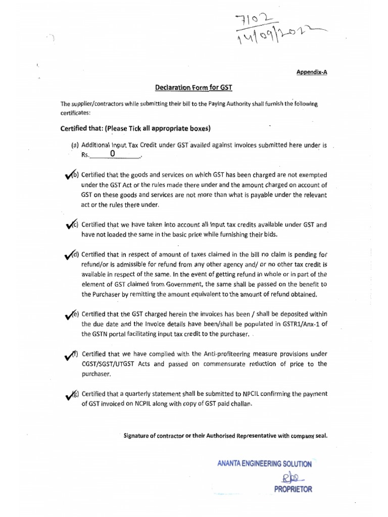 Declaration of Goods and Services Tax Compliance for Contractors ...
