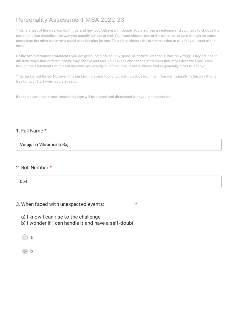 Personality Assessment MBA 2022-23: 1. Full Name | PDF | Privacy ...