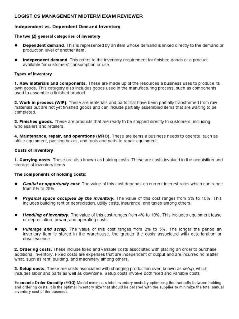 Logistics Management Midterm Exam Reviewer | PDF | Inventory | Cost