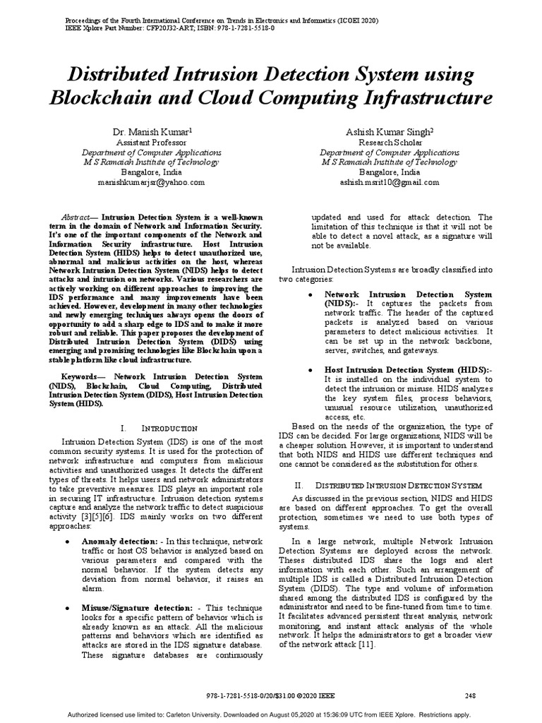 Distributed Intrusion Detection System Using Blockchain and Cloud Computing Infrastructure | PDF ...