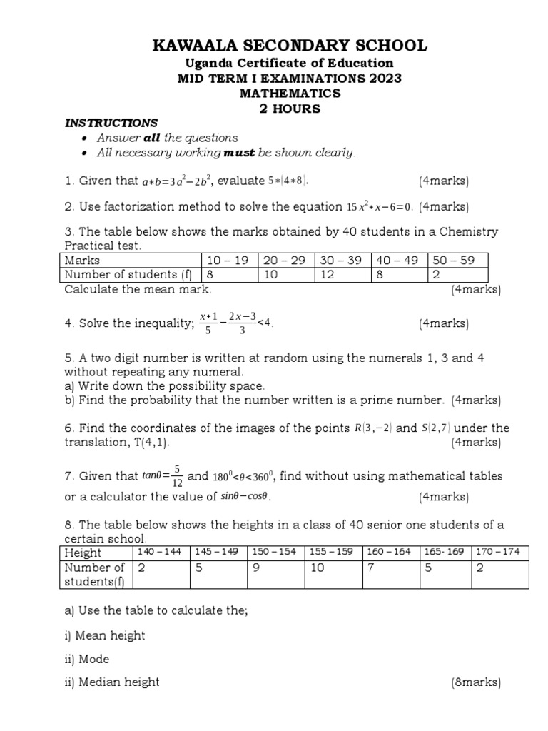 Kawaala Secondary School: Uganda Certificate of Education Mid Term I ...