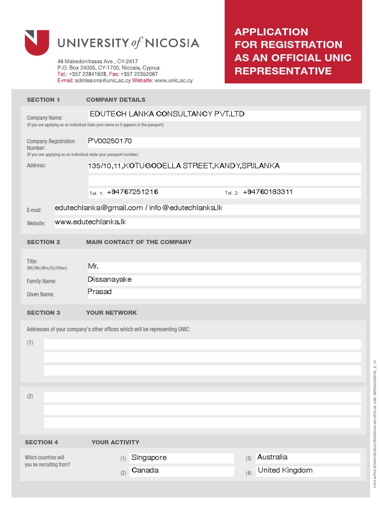Agent Application Form for Representing UNIC | PDF | Communication