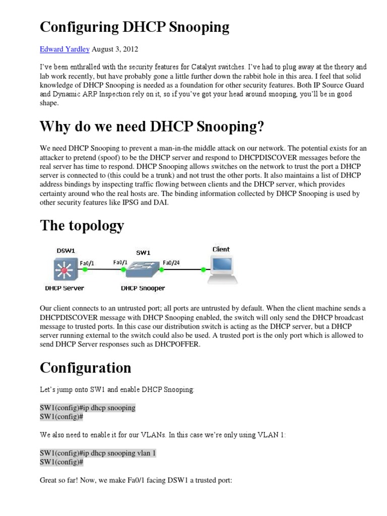 Configuring DHCP Snooping: Edward Yardley | PDF | Computer Architecture | Communications Protocols
