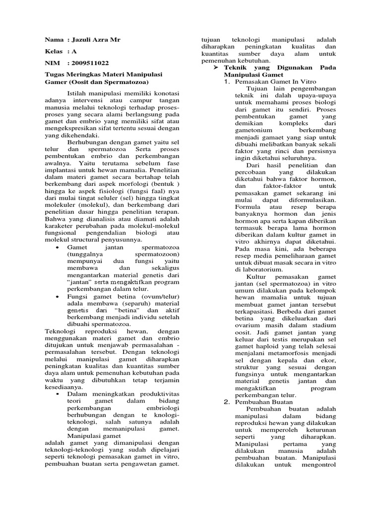 Nama: Jazuli Azra MR Kelas: A NIM: 2009511022 Tugas Meringkas Materi Manipulasi Gamer (Oosit Dan ...