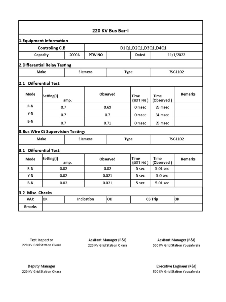 220kv Busbar Protection Relay Testing Result Siemens 7sg1211 | PDF