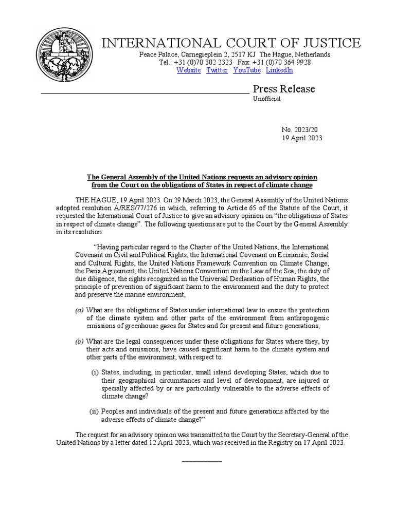 International Court of Justice: Press Release | PDF | Government ...