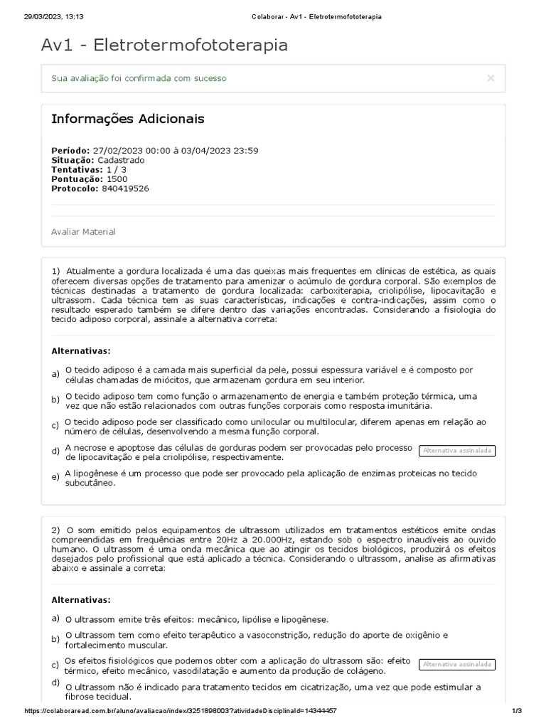 Colaborar - Av1 - Eletrotermofototerapia | PDF | Ultrassom | Tecido adiposo