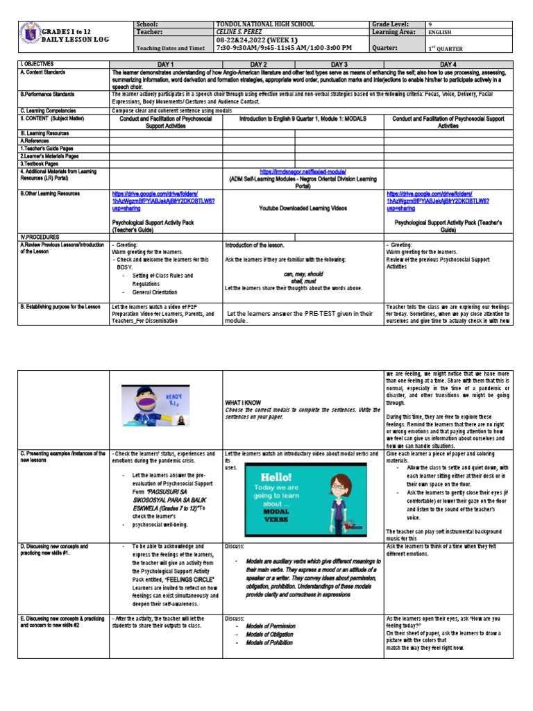 DLL - English 9 - Week 1 | PDF | Learning | Teachers