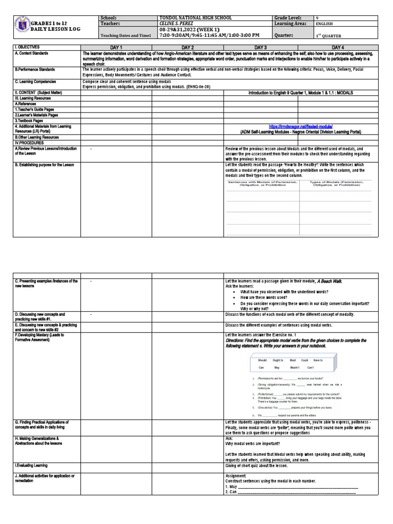 DLL - English 9 - Week 2 | PDF | Learning | Verb