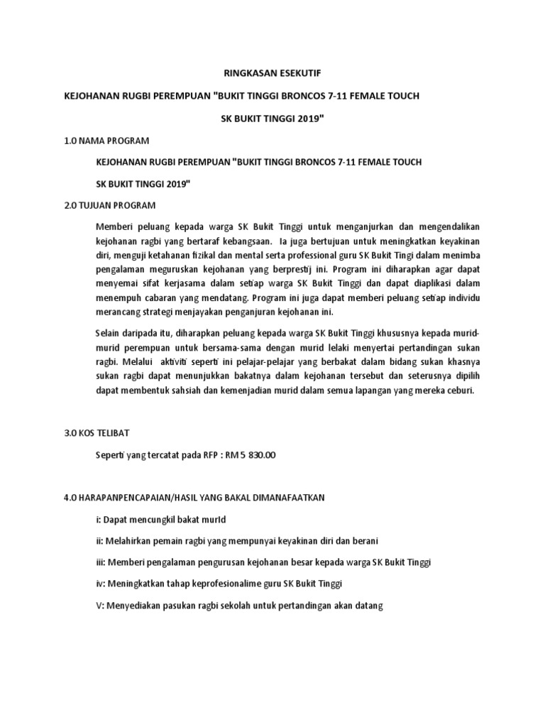 Ringkasan Esekutif Kejohanan Rugbi Perempuan "Bukit Tinggi Broncos 7-11 Female Touch SK Bukit ...