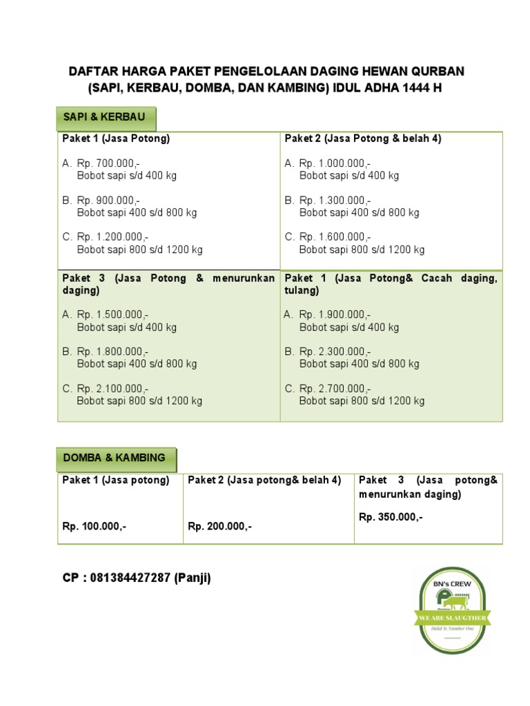 Daftar Harga Paket Pengelolaan Daging Hewan Qurban | PDF