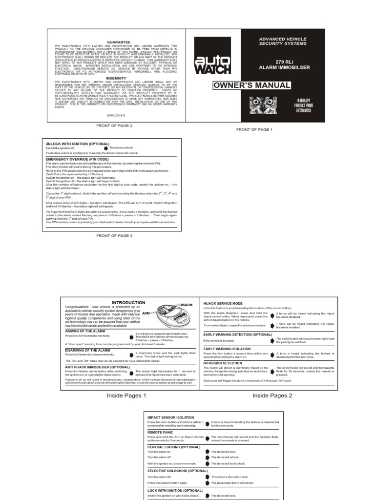 Owner'S Manual: 279 Rli Alarm Immobilser | PDF