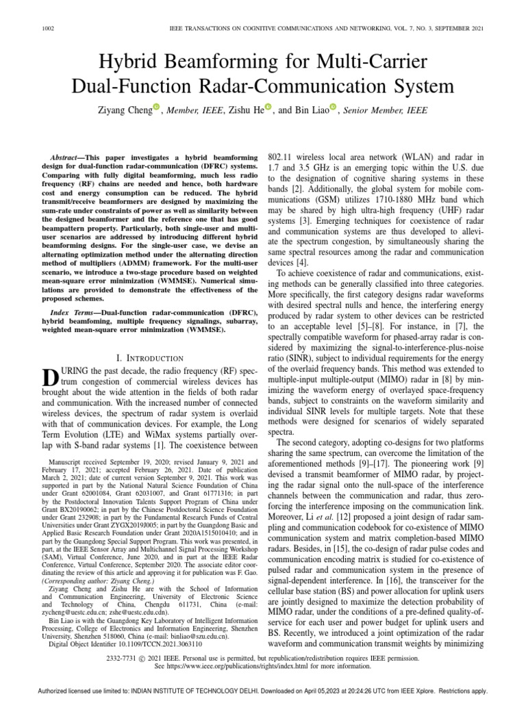 Hybrid Beamforming For Multi Carrier Dual Function Radar Communication System Pdf Mimo