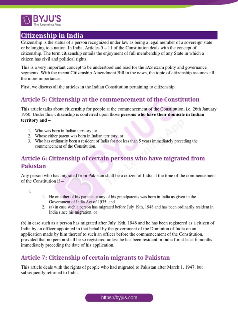 Indian Citizenship: Constitution Overview | PDF | Constitutional Law ...