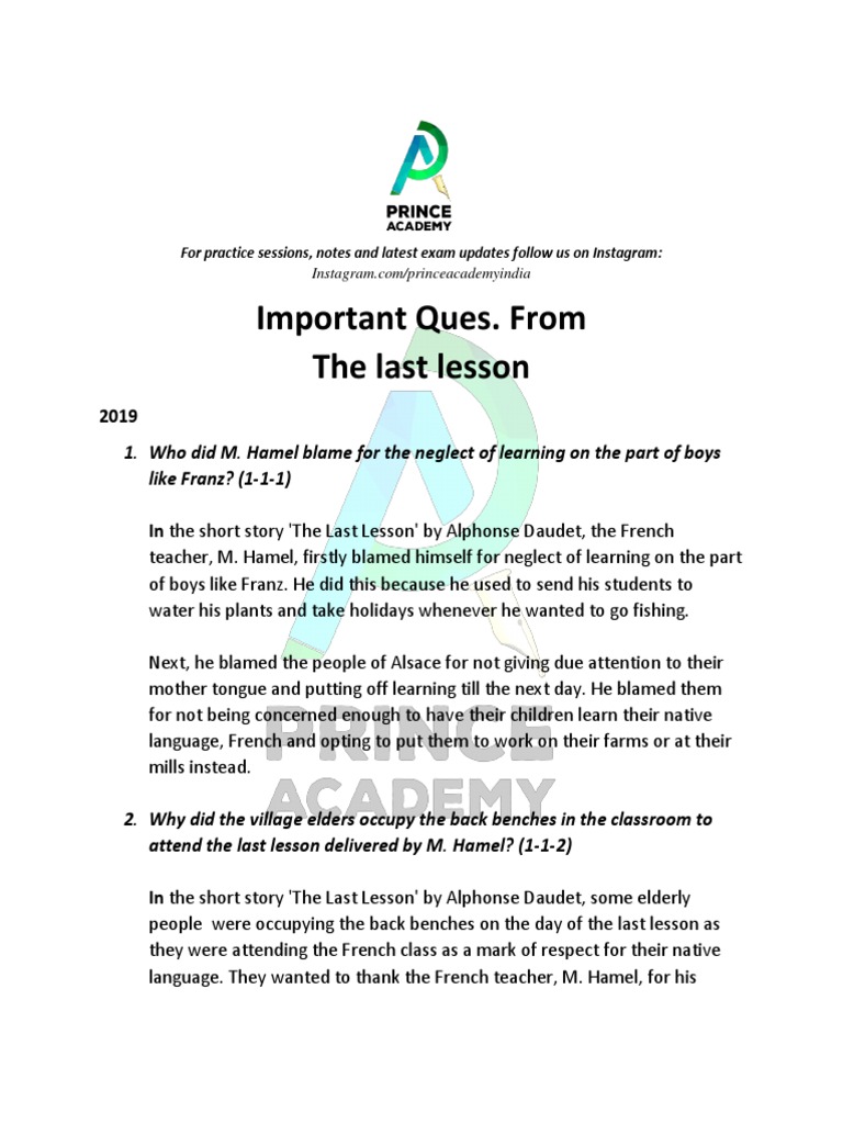 The Last Lesson Important Questions | PDF | Teachers