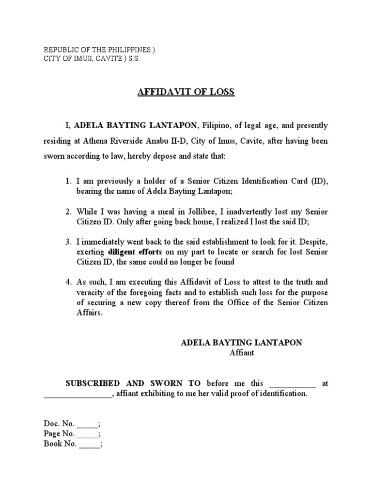 Affidavit of lost senior ID card | PDF