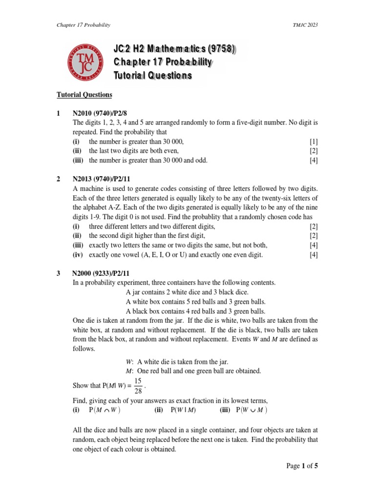 H2 Chapter 17 Probability Tutorial Student Copy 2023 | PDF | Camera Lens | Probability