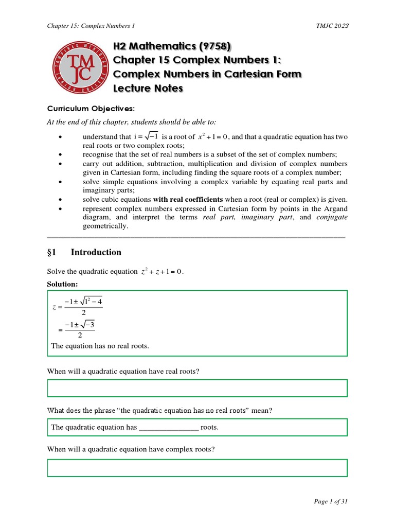 H2 Chapter 15 Complex Number 1 Lecture Student Copy 2023 | PDF | Factorization | Complex Number