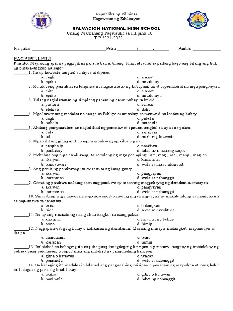 Unang Markahang Pagsusulit Sa Filipino 10 | PDF