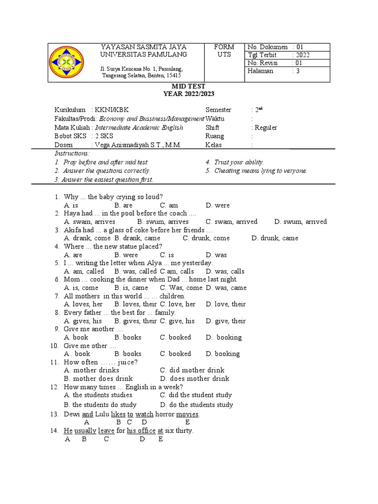 Soal Uas Intermediate English Download Free Pdf Linguistics Grammar