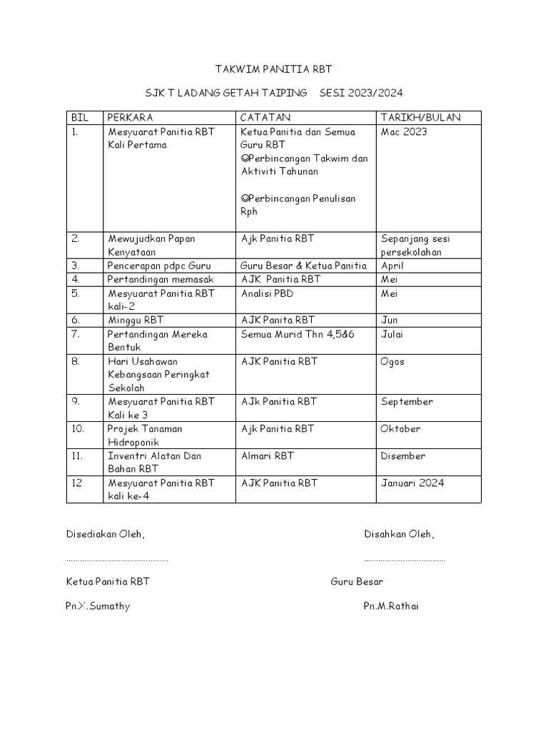 Takwim Panitia RBT | PDF