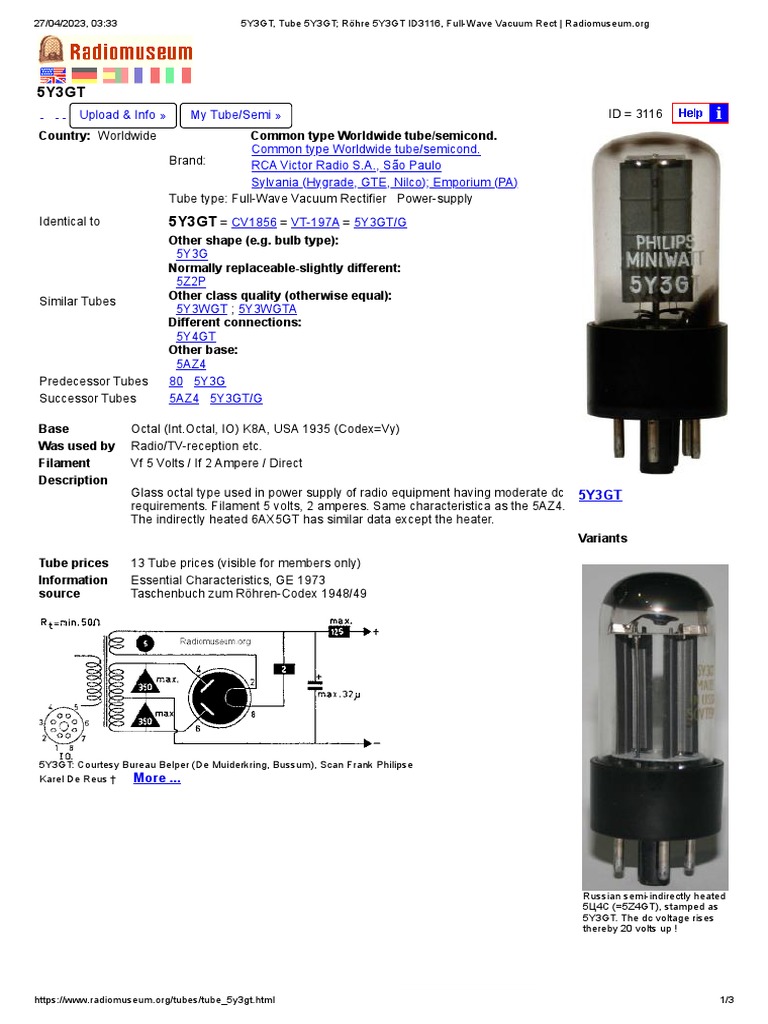 5Y3GT, Tube 5Y3GT Röhre 5Y3GT ID3116, Full-Wave Vacuum Rect | PDF | Vacuum Tube | Rectifier