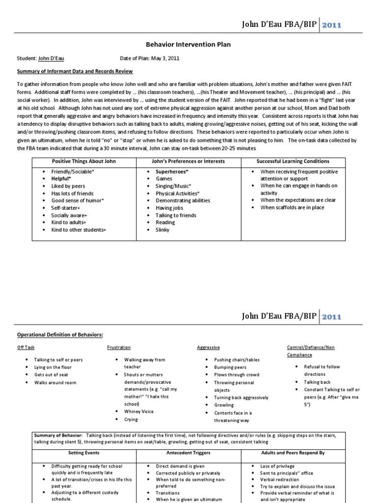Behavior Intervention Plan Example 5 19 11 | PDF | Aggression | Classroom