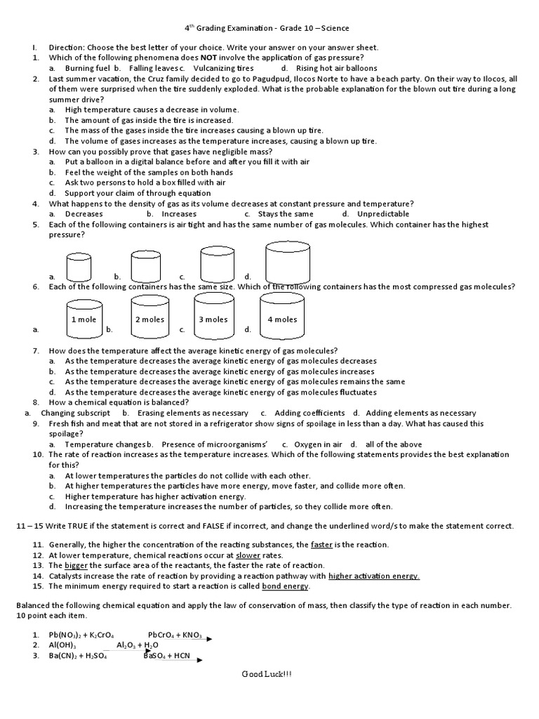 Grade 10 Science Exam Questions | PDF | Reaction Rate | Gases