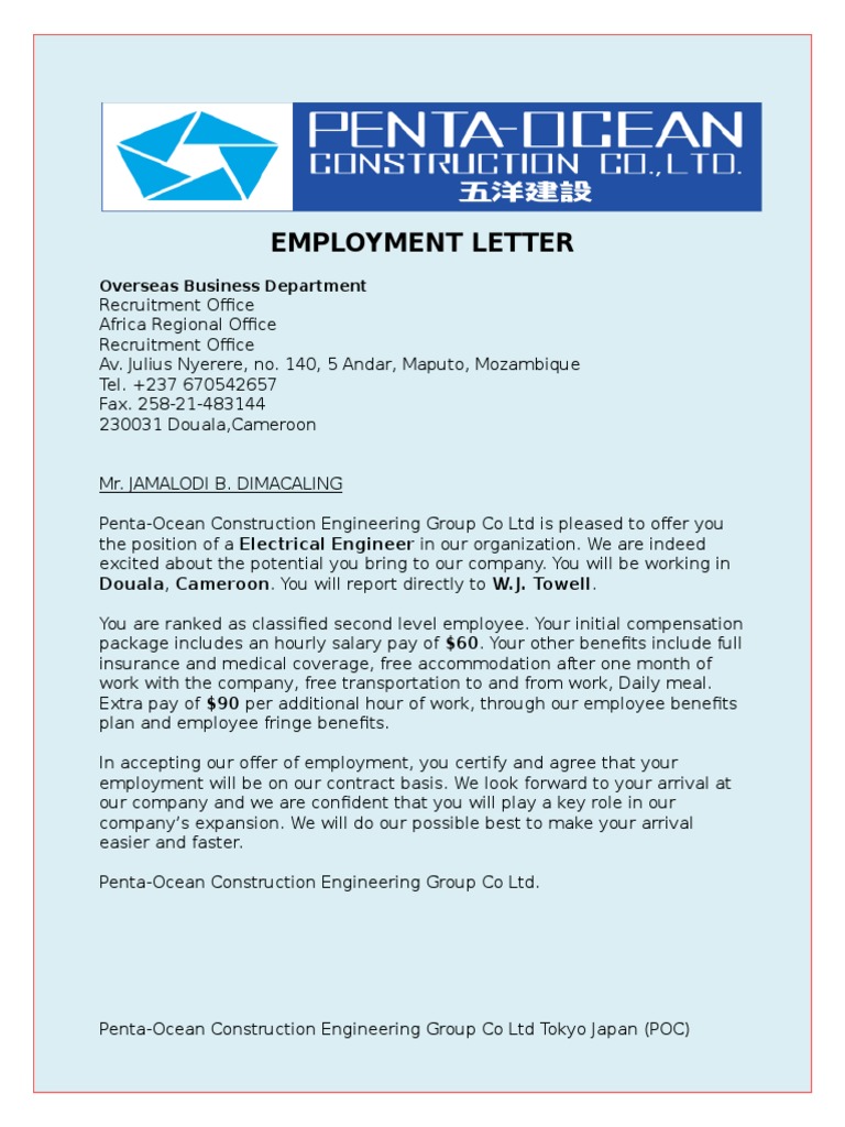 Electrical ENGINEER LETTER OF EMPLOYMENT............ | PDF