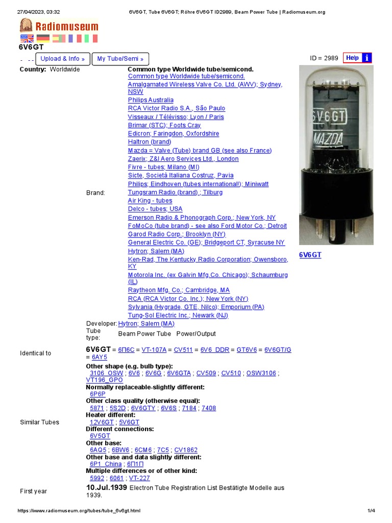 6V6GT, Tube 6V6GT Röhre 6V6GT ID2989, Beam Power Tube | PDF | Vacuum ...