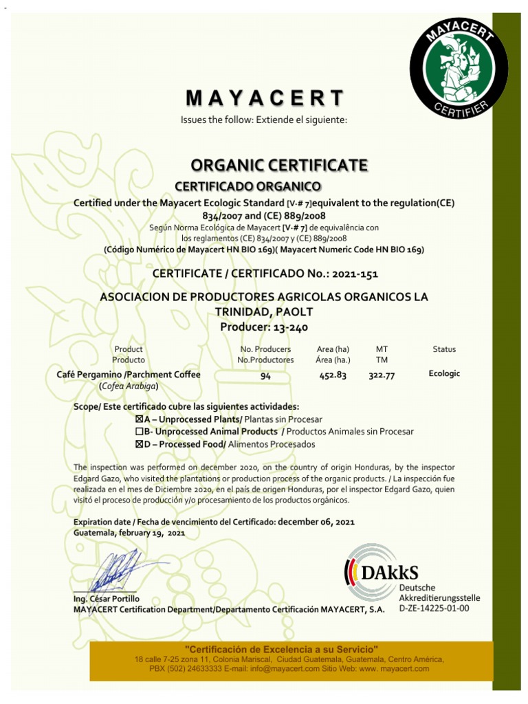 Organic Certification Certificate for La Trinidad Agricultural Producers Association, Honduras | PDF