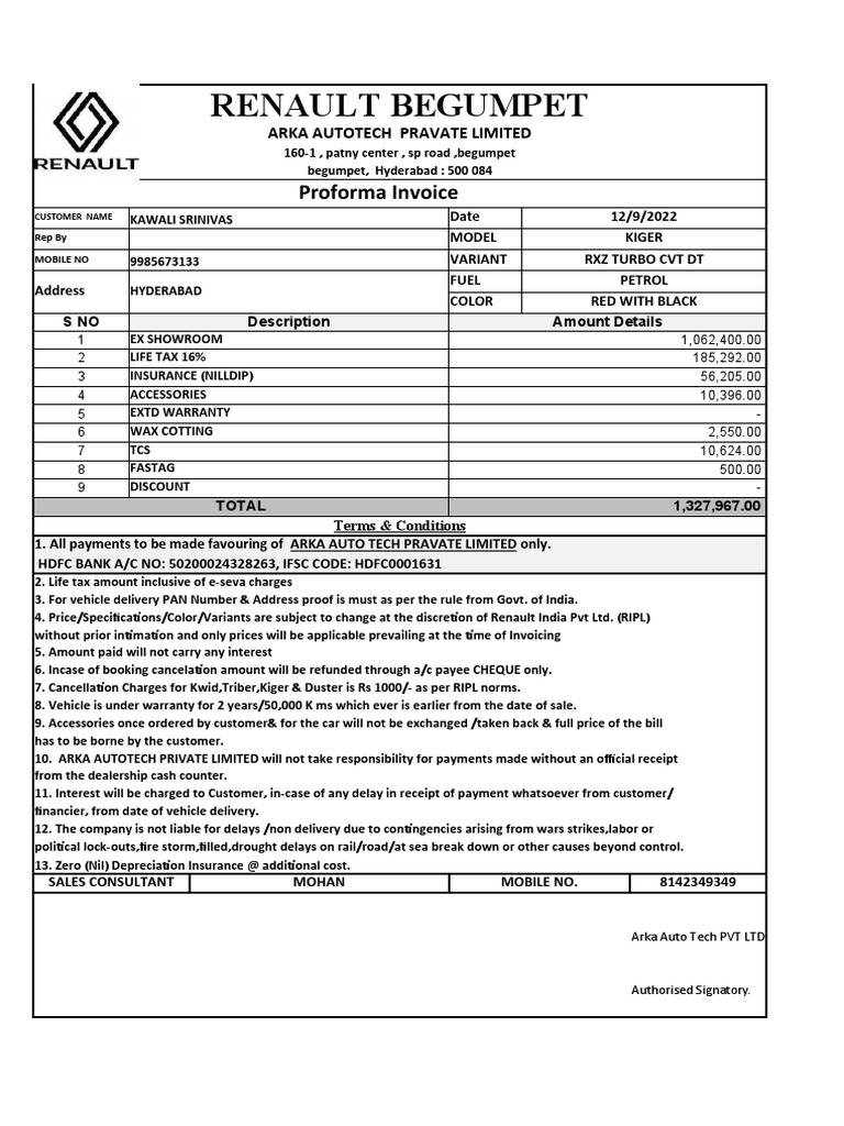Kawali Srinivas Proforma Invoice Begumept Mohan | PDF | Payments | Receipt