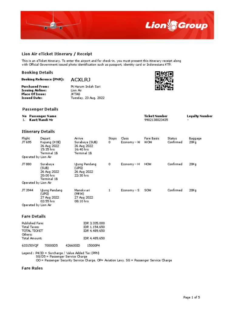 Acxlrj: Lion Air Eticket Itinerary / Receipt | PDF
