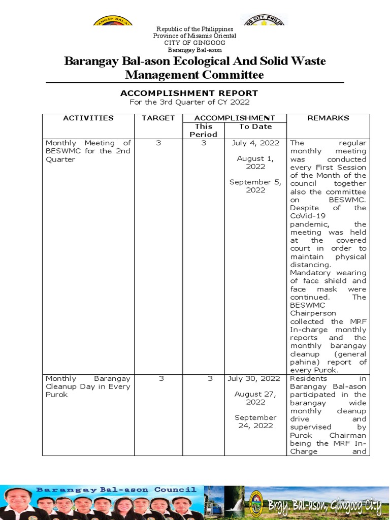 Accomplishment Report Beswmc - Quarter 1 - 2022 | PDF