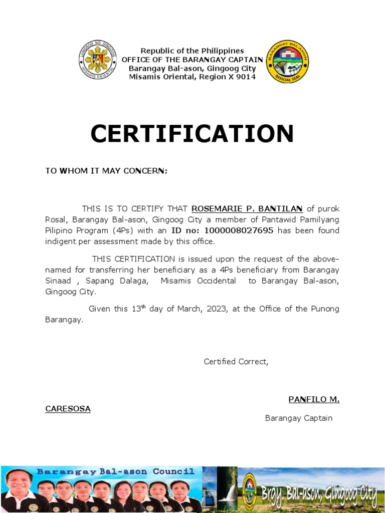 4Ps Certification for Beneficiary Transfer | PDF